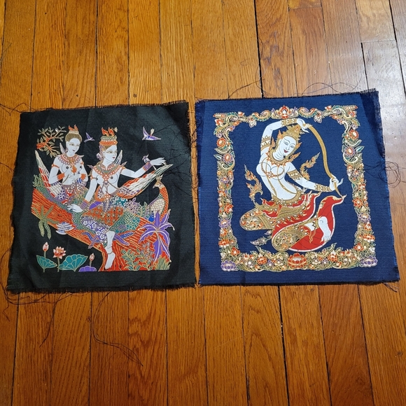 Art | 2 Vintage Thailand Fabric Vibrant Print Silk Screen 12 X 12 ...